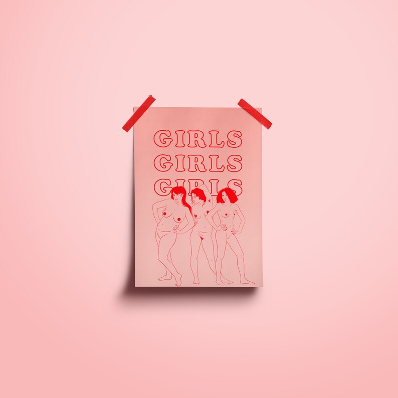 Girls Body Positive Feminist Art Print | Red and Pink Illustration ...
