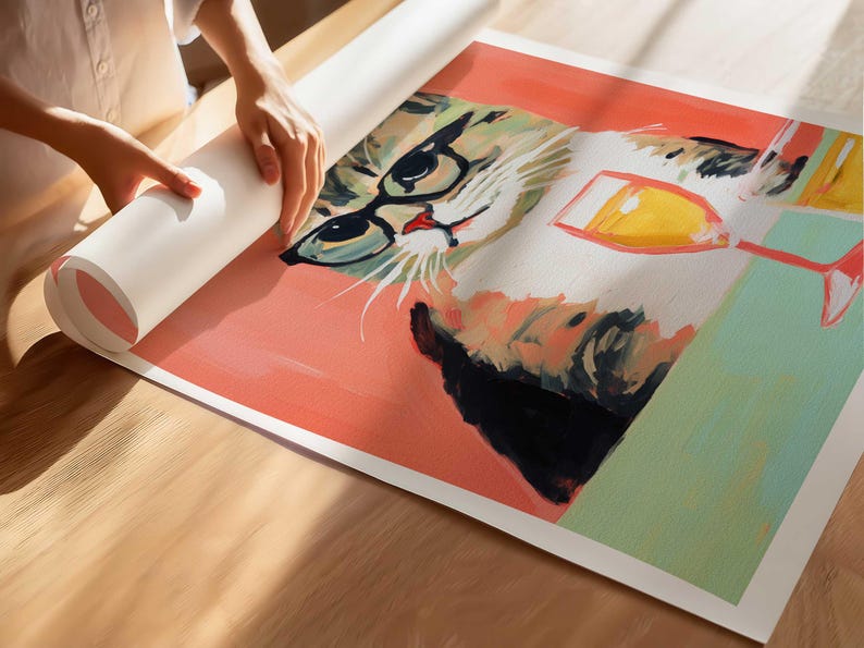 Cat Drinking Art Print, Funny Cat Wall Art, Cat W/ Glasses Print ...