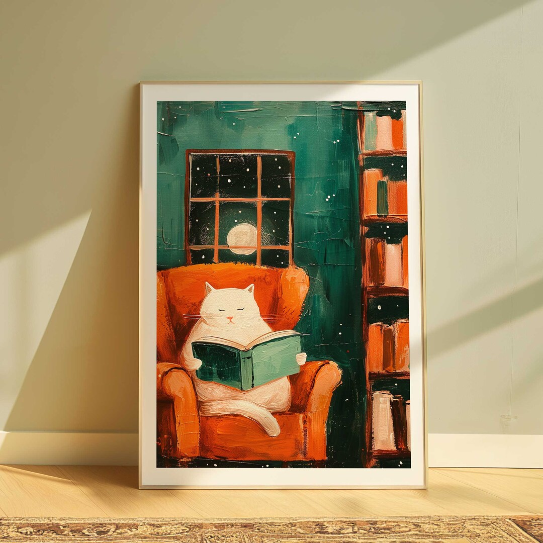 Cat Reading Art Print, Cozy Cat Wall Art, Funny Animal Print, Unframed ...