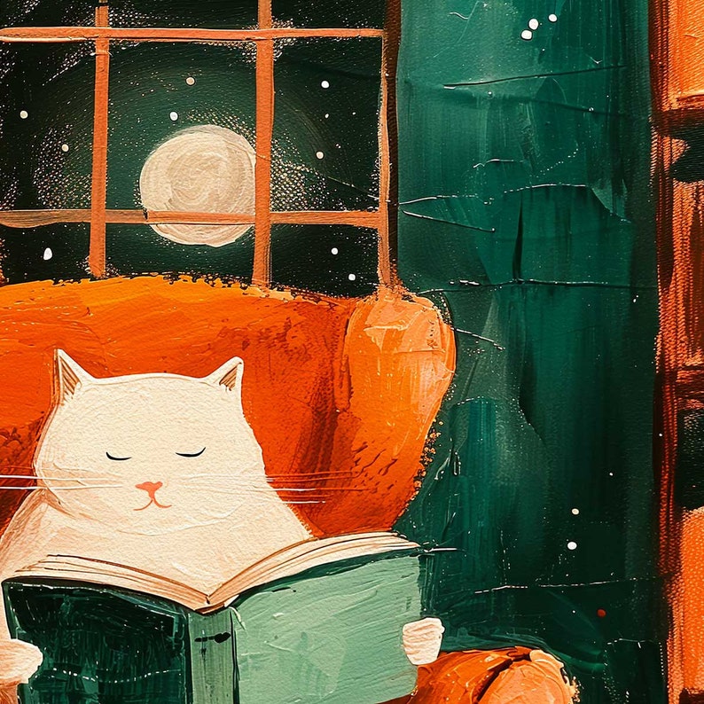 Cat Reading Art Print, Cozy Cat Wall Art, Funny Animal Print, Unframed ...
