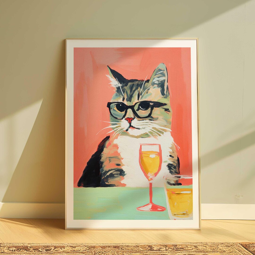 Cat Drinking Art Print, Funny Cat Wall Art, Cat W/ Glasses Print ...