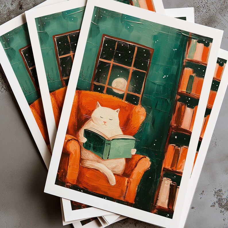 Cat Reading Art Print, Cozy Cat Wall Art, Funny Animal Print, Unframed ...