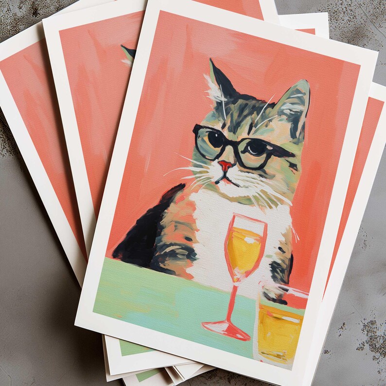 Cat Drinking Art Print, Funny Cat Wall Art, Cat W/ Glasses Print ...