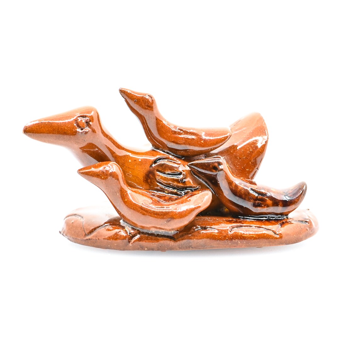 2 Pennsylvania Dutch Revival Redware Hen & Chicks Figurine by Lester ...