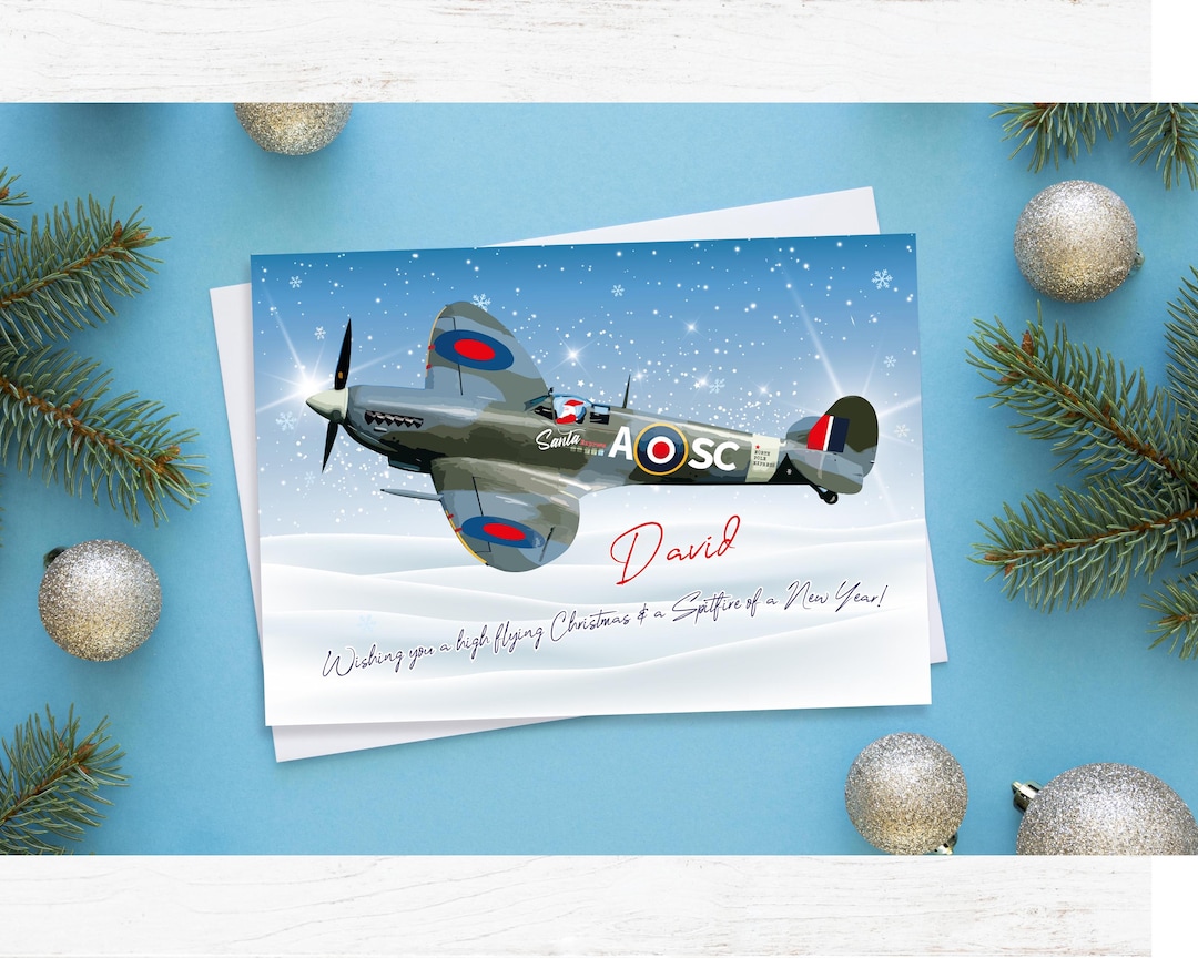 Spitfire Aeroplane Christmas Card Personalised Illustrated & Designed ...