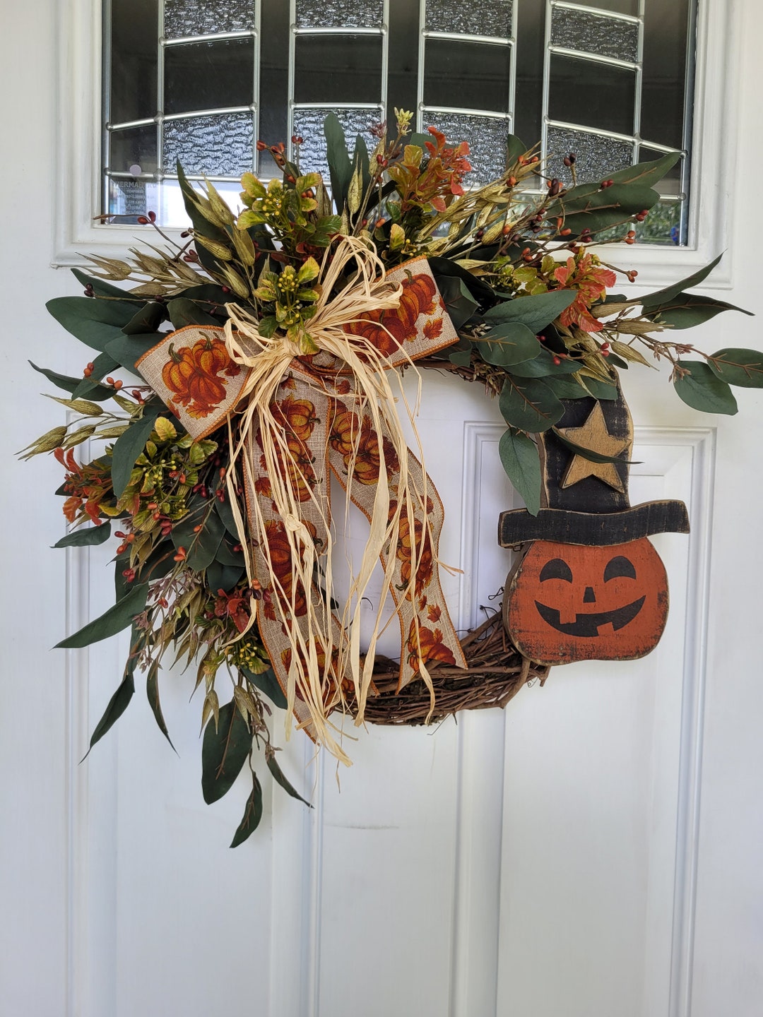 Wreath With Wood Pumpkin for Your Front Door, Entryway or Porch ...