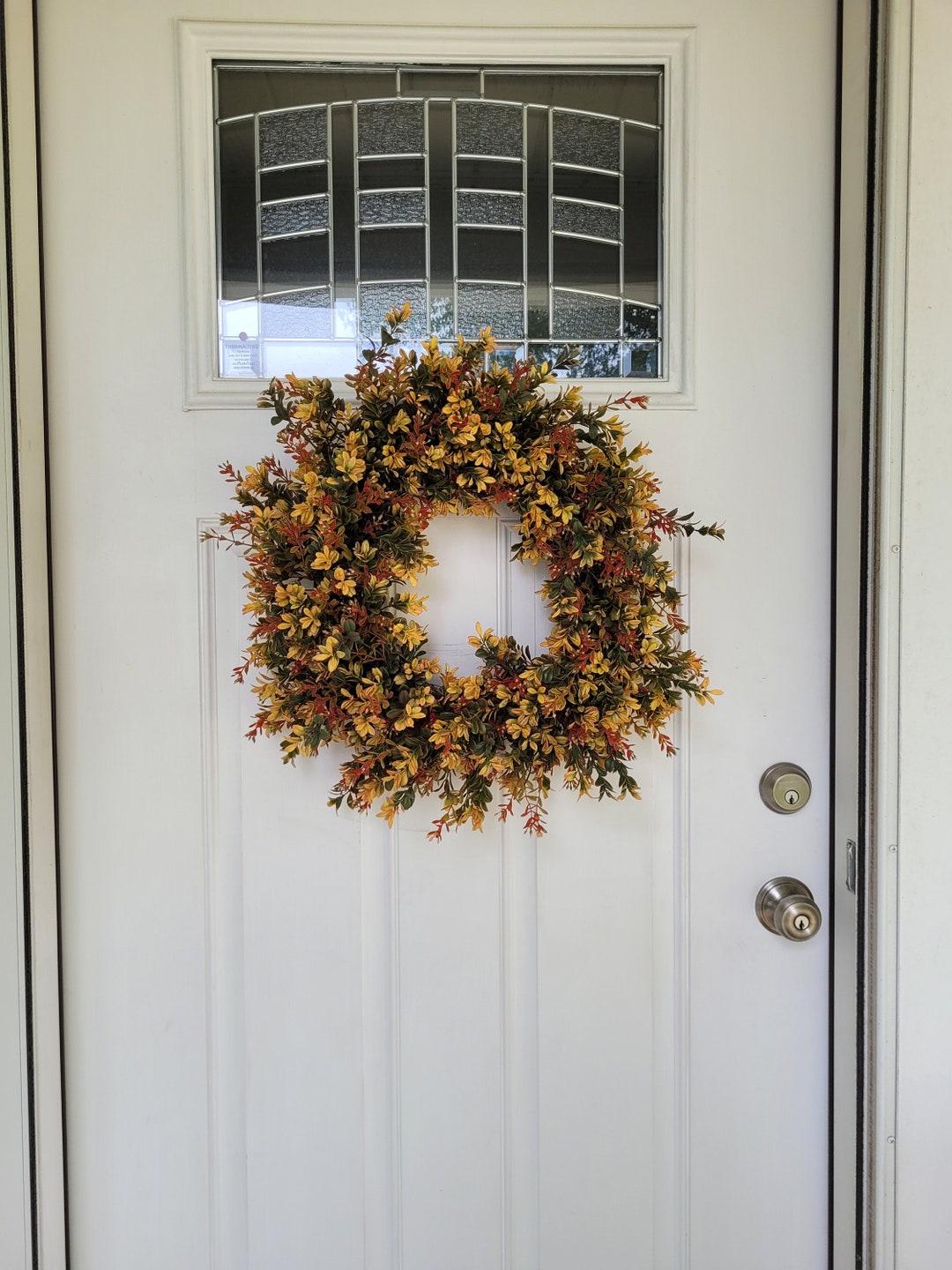 Fall Greenery Wreath With Gold, Rust and Green Faux Boxwood Crafted on ...