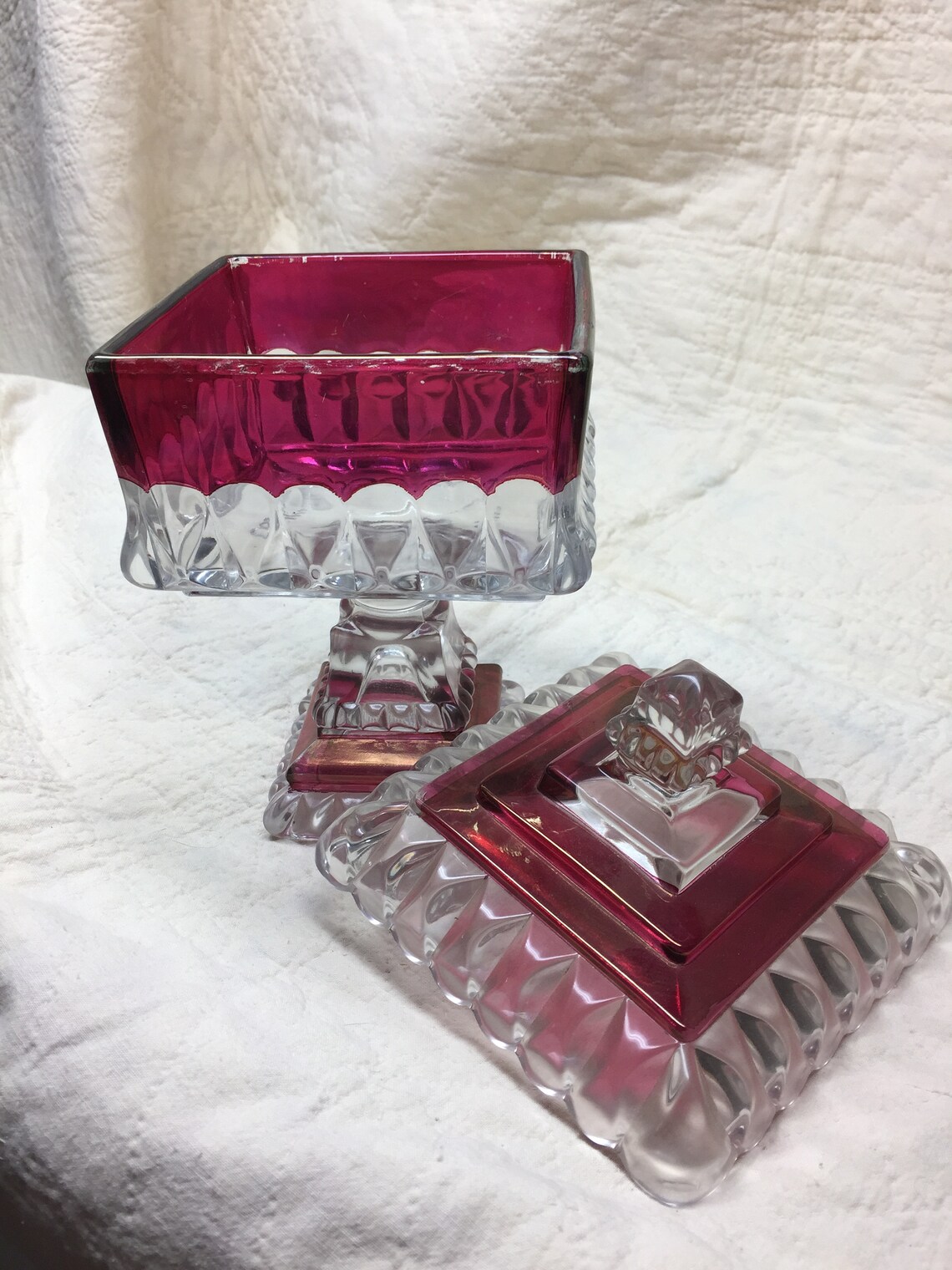 Cranberry and Clear Glass Compote - Etsy