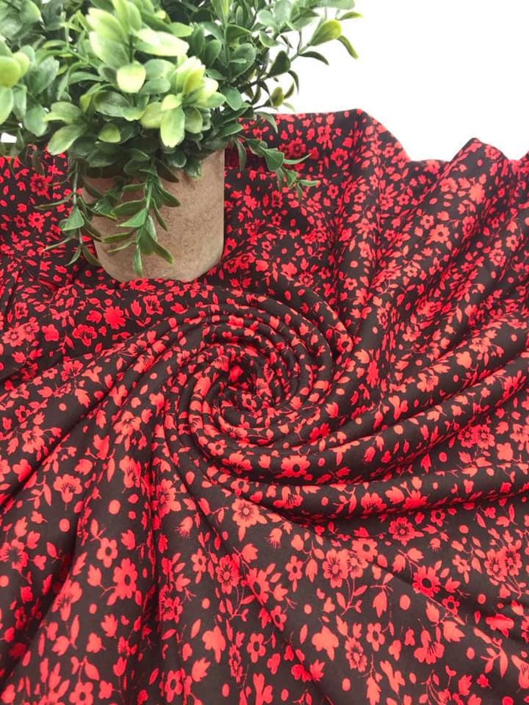 Printed Viscose Elastane Fabric Stretch Jersey, Red & Black Ditsy ...