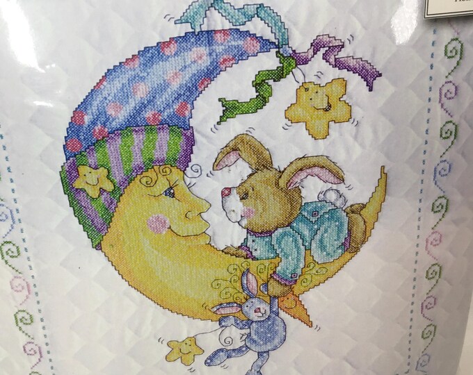 Tobin Baby Quilt Kit Stamped Cross Stitch NIP Design Works Moon Bunny ...