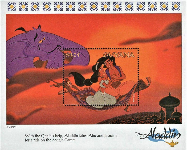 Disney Aladdin 1993 Guyana 3 Mini Sheets of 8 or 9 Postage Stamps & 4 ...