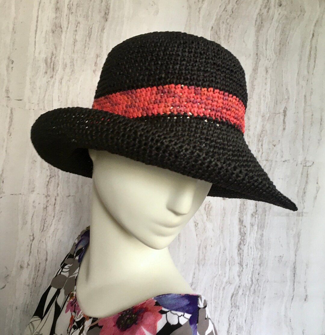 Black Straw Raffia Hat, Crochet Summer Black Hat With Red Stripe ...