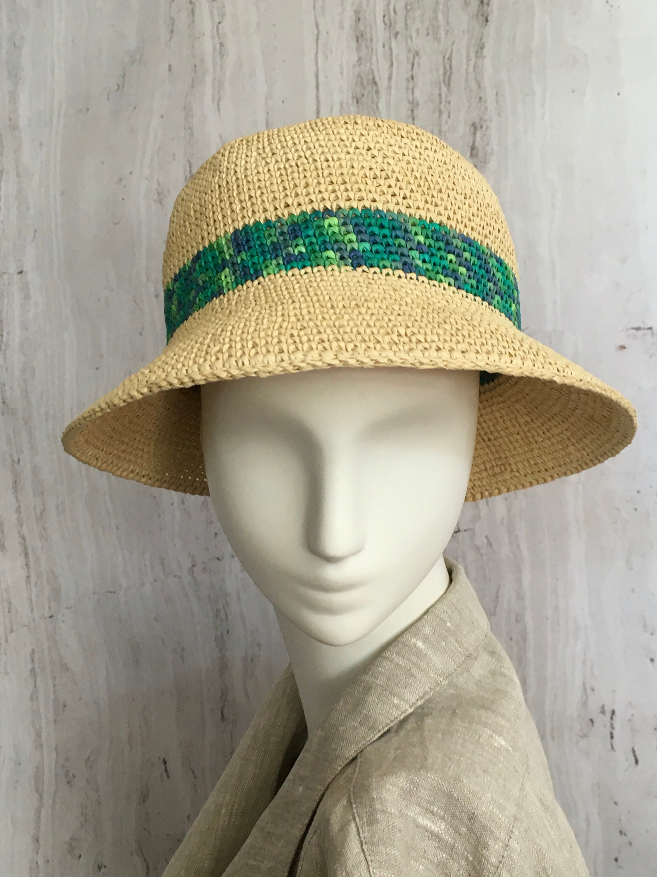 Raffia Panama Knit Hat, Straw Raffia Crochet Hat With a Bright Stripe ...