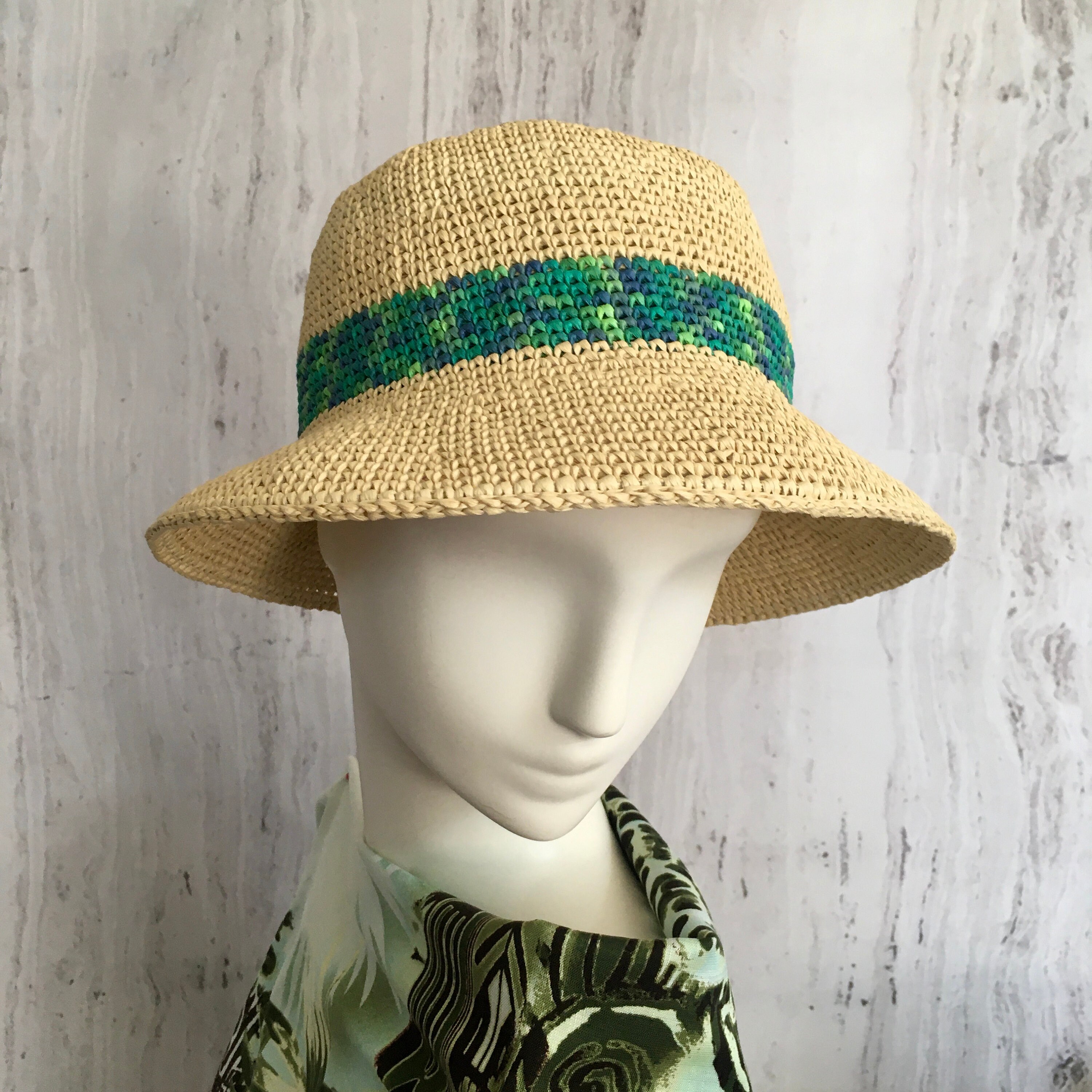Raffia Panama Knit Hat, Straw Raffia Crochet Hat With a Bright Stripe ...
