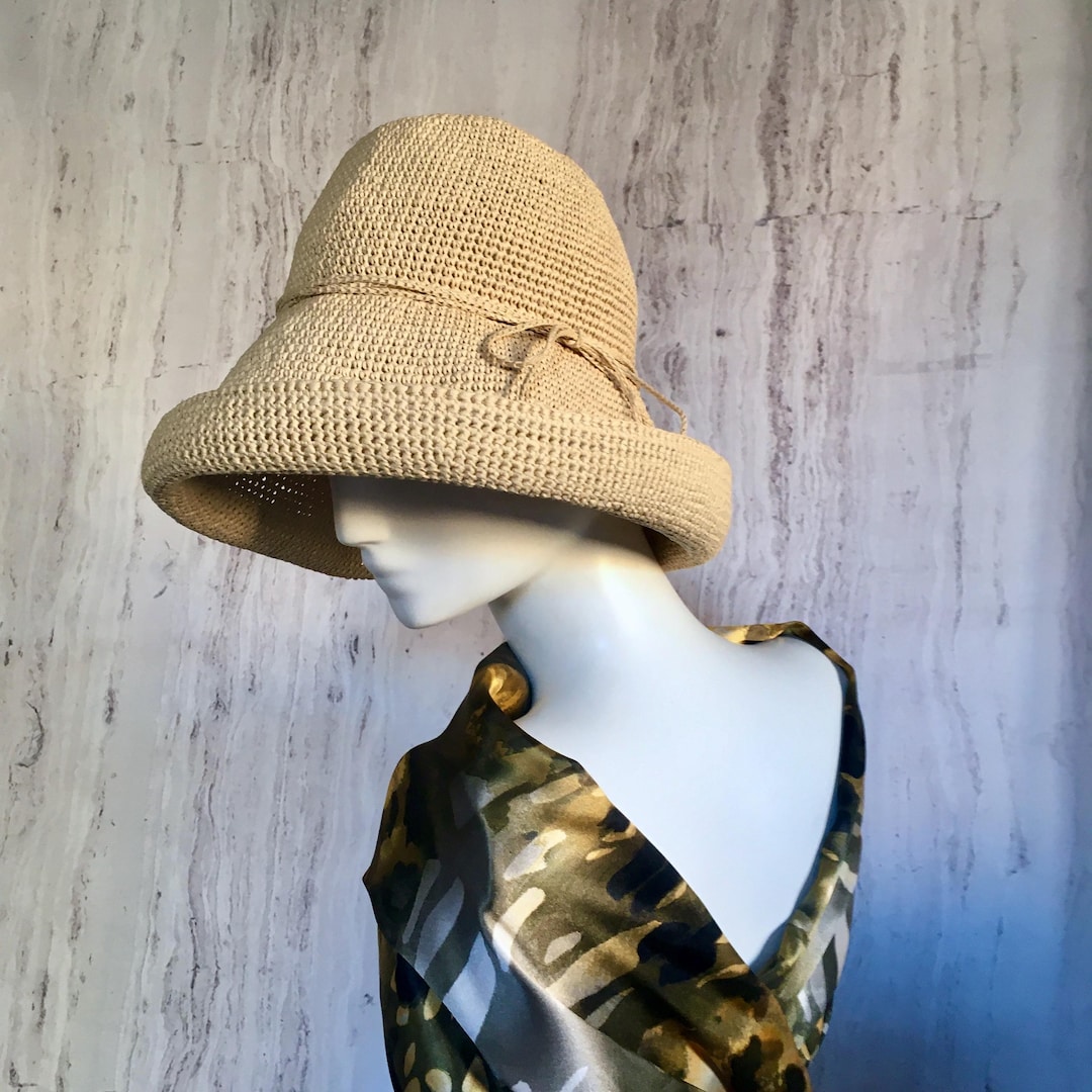 Wide-brimmed Straw Crochet Raffia Hat, Crochet Raffia Hat, Elegant Knit ...