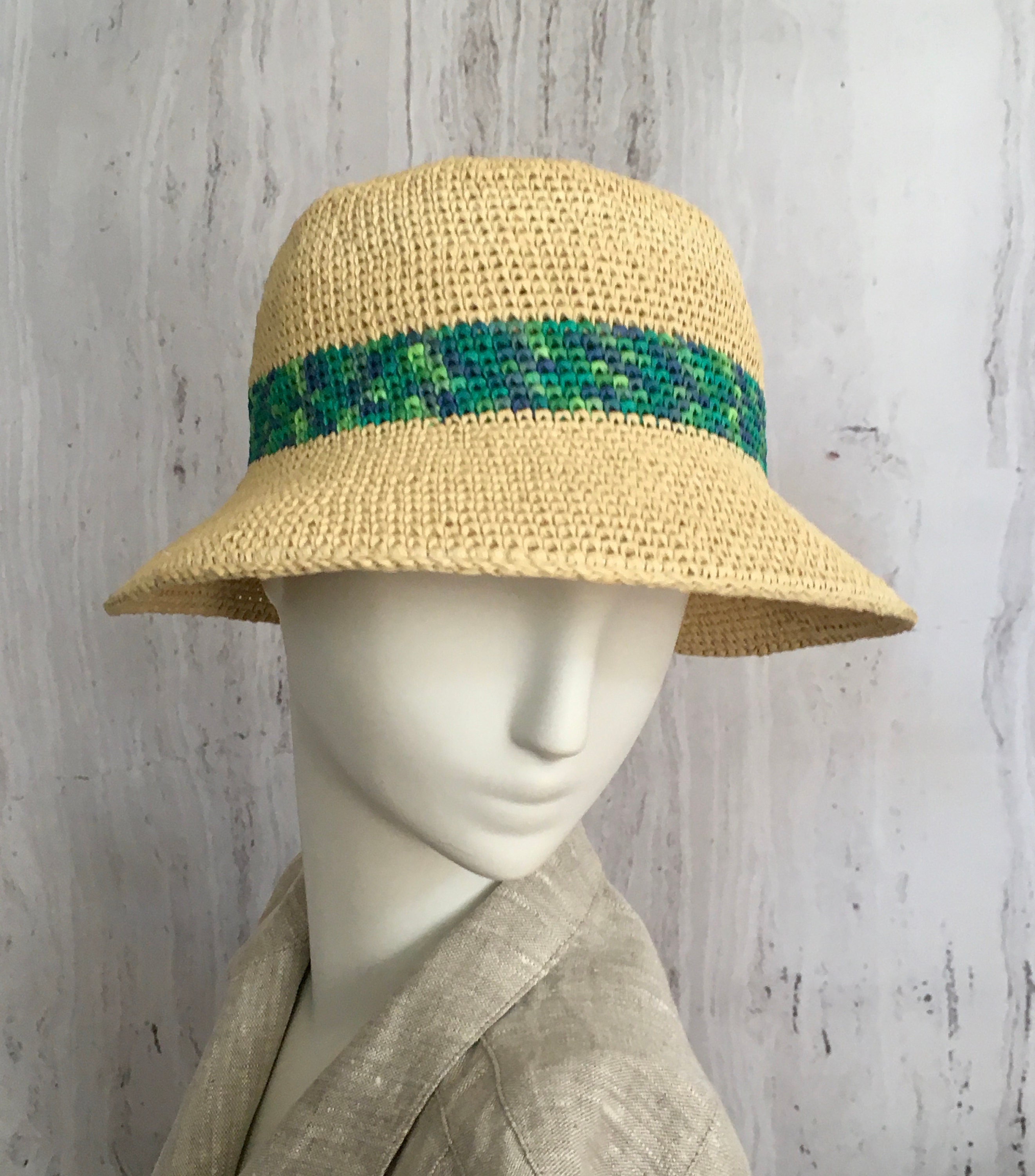 Raffia Panama Knit Hat, Straw Raffia Crochet Hat With a Bright Stripe ...