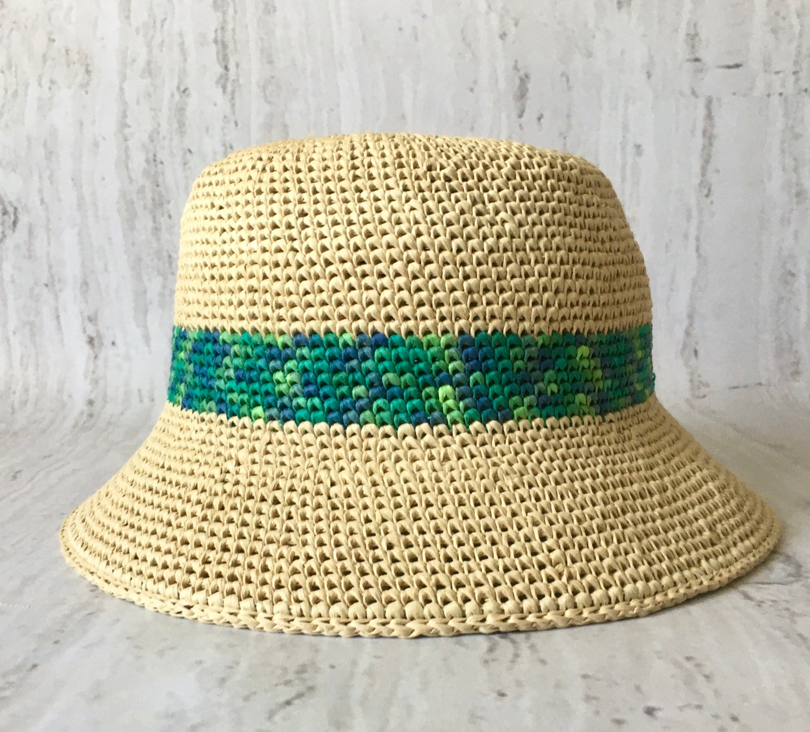 Raffia Panama Knit Hat, Straw Raffia Crochet Hat With a Bright Stripe ...