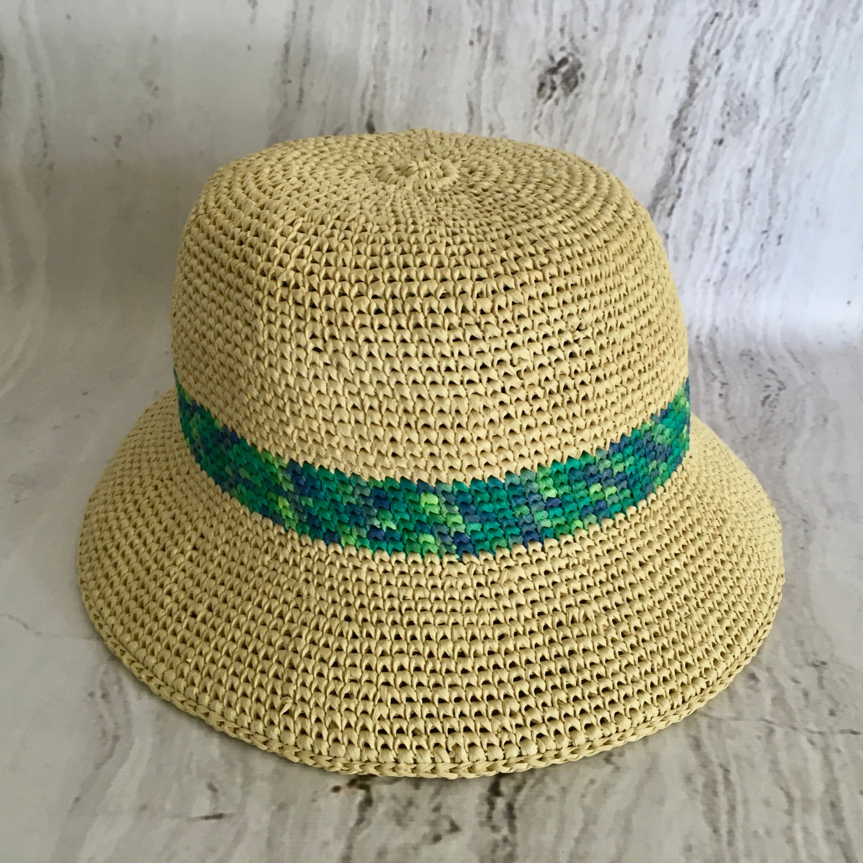 Raffia Panama Knit Hat, Straw Raffia Crochet Hat With a Bright Stripe ...
