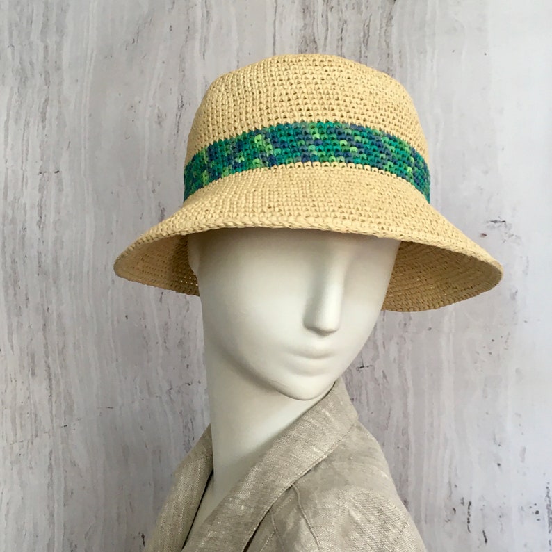 Raffia Panama Knit Hat, Straw Raffia Crochet Hat With a Bright Stripe ...