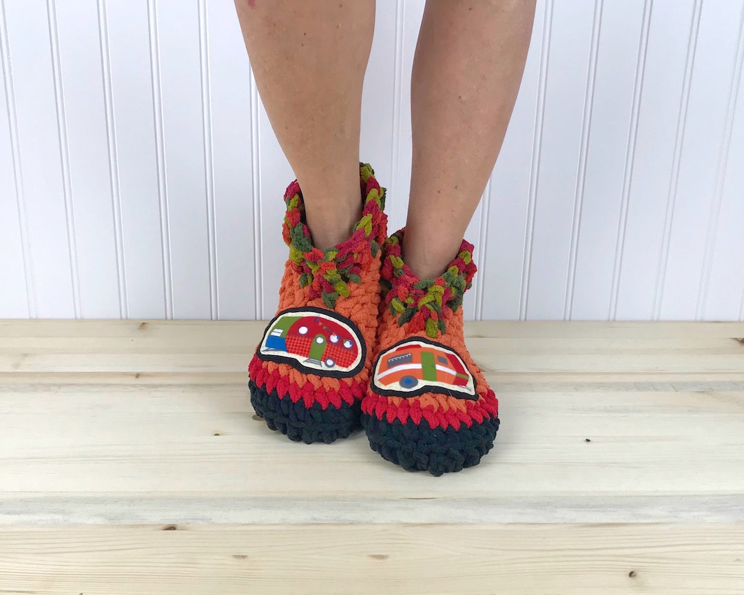 Happy Campers Slippers - Orange Retro RV Slipper Socks - Cute Cozy ...
