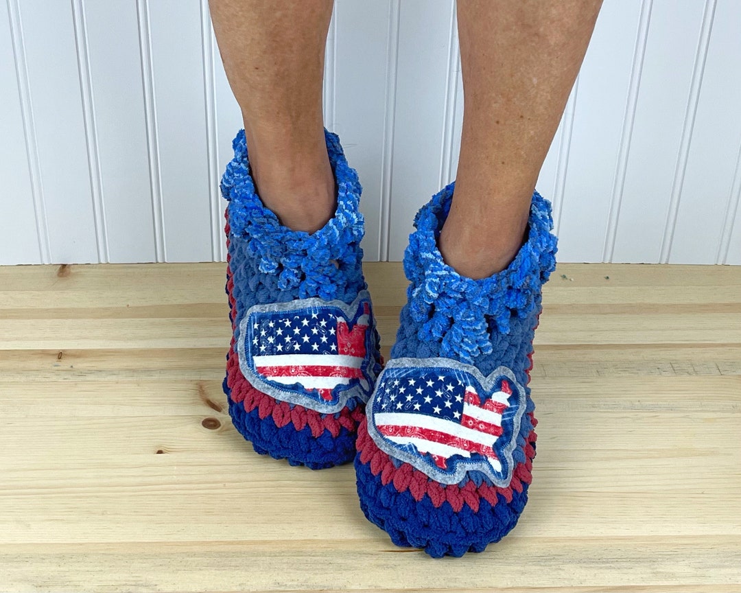Fuzzy AMERICA Slippers - USA Map Fuzzy Booties - American Flag Slippers ...