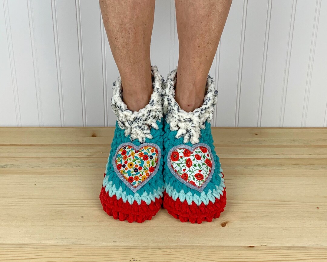 FLORAL HEARTS Slippers - Blue & Red Fuzzy Slippers - Cozy Chenille ...