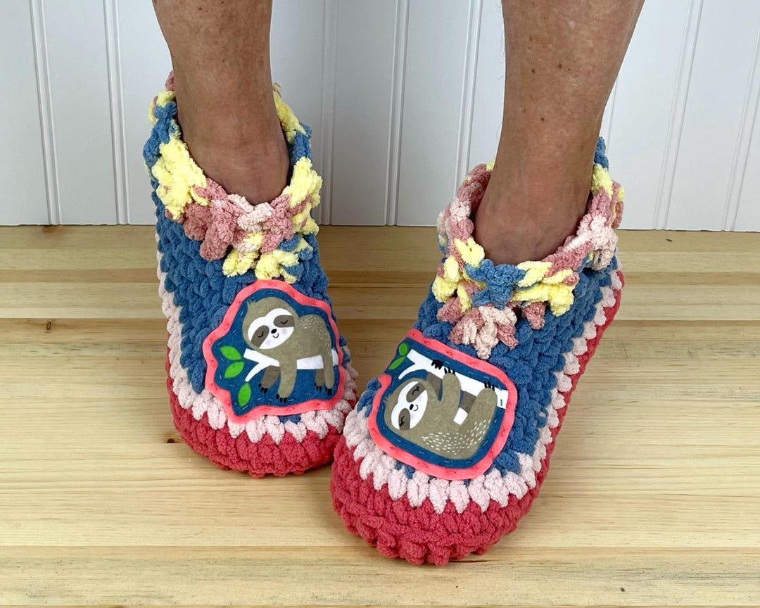 Coral & Blue SNUGGLY SLOTH Slippers - Cozy Chenille Slipper Socks ...