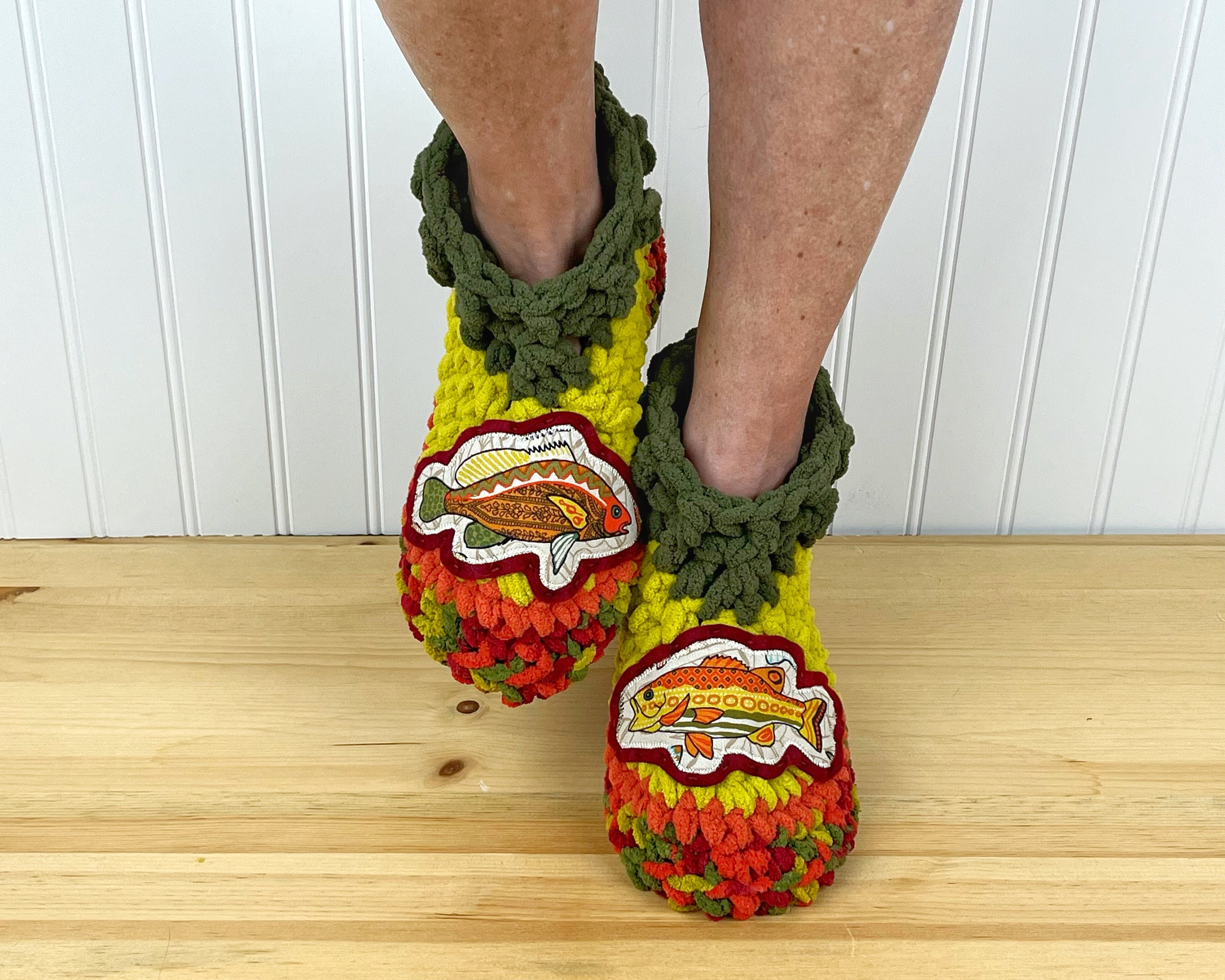 Cozy GOLD & GREEN Fish Slippers - Comfy Chenille Slipper Socks - Fun ...