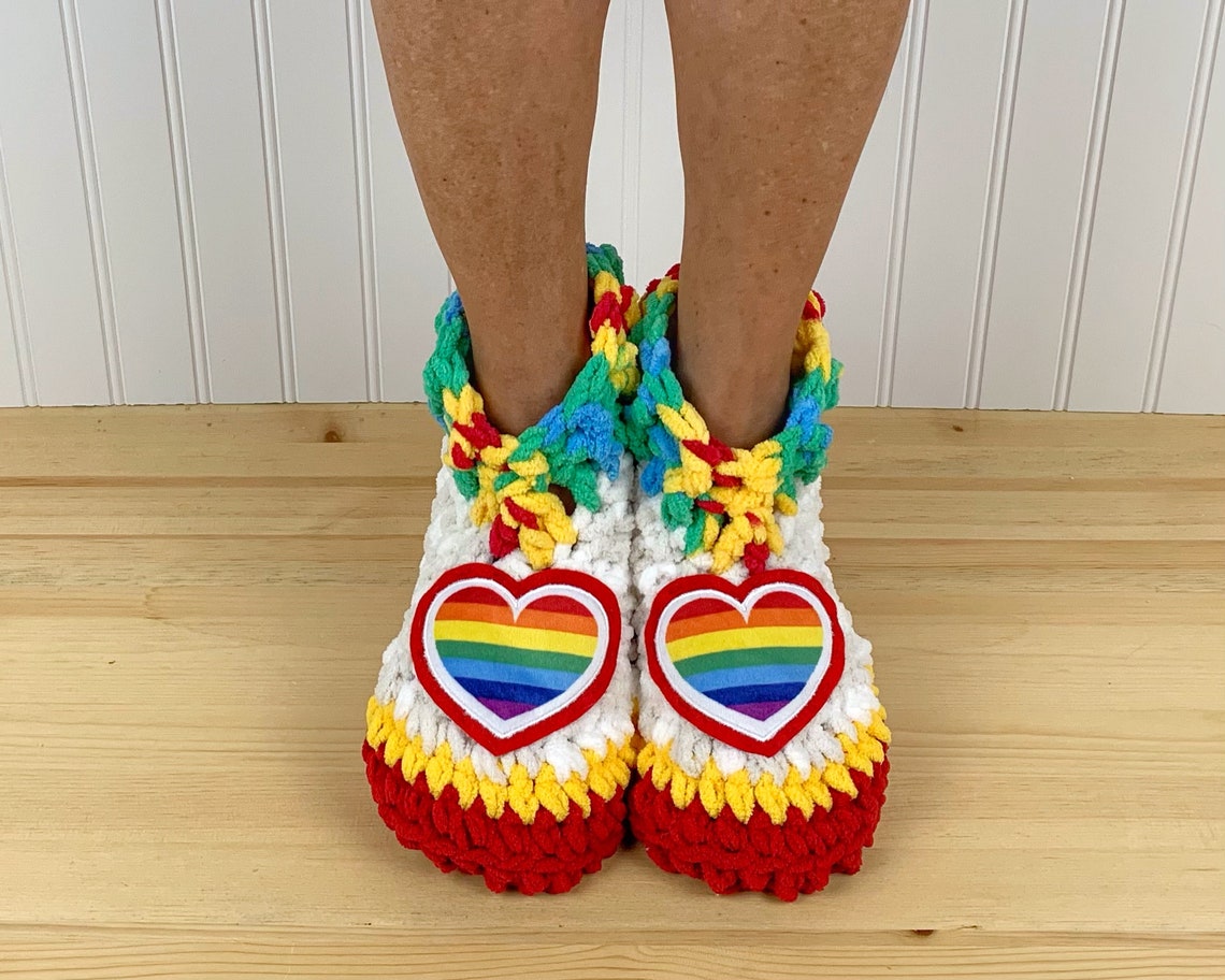 LOVE is LOVE Rainbow Heart Slippers - Cozy Chenille Slipper Socks ...