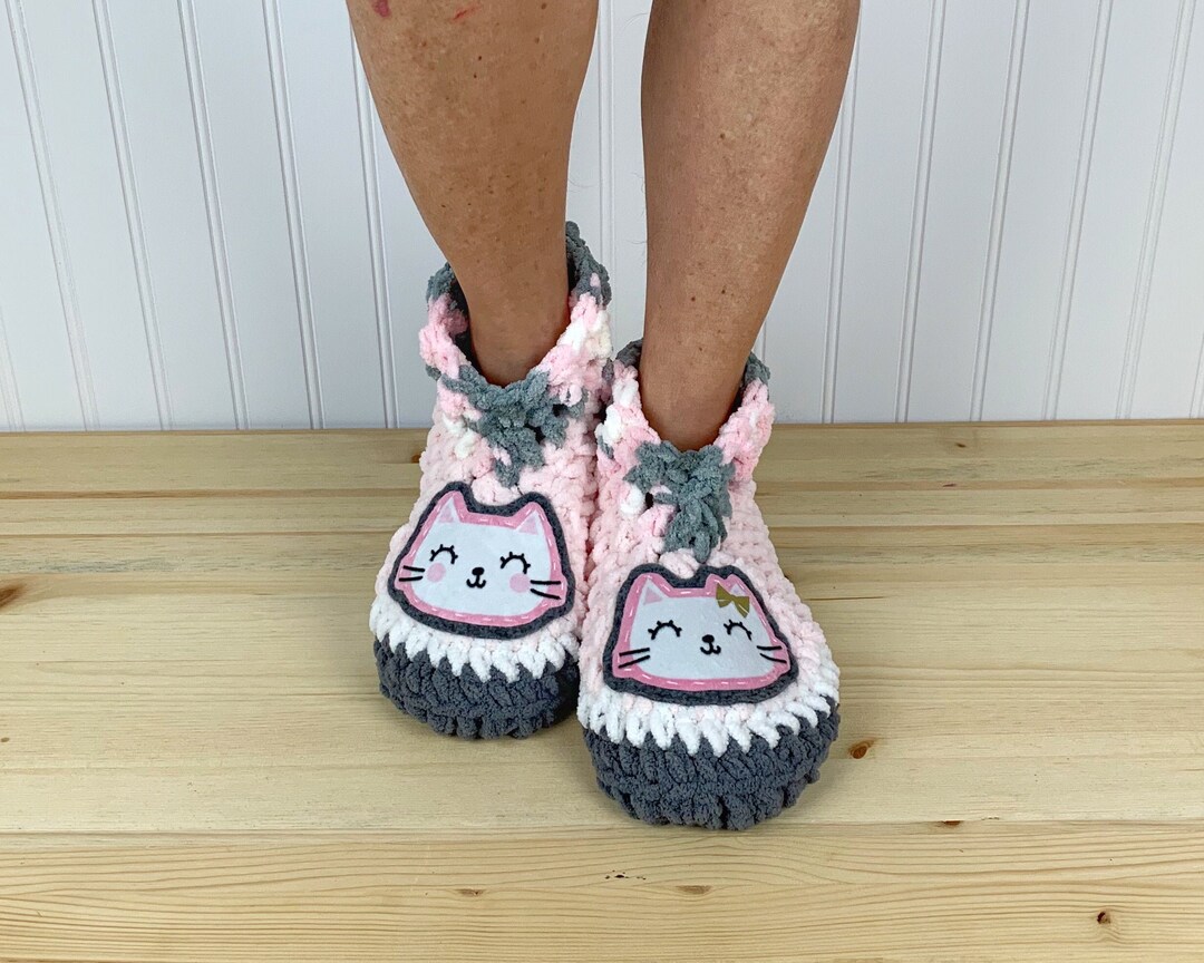 Cozy PINK Fuzzy CAT Slippers Comfy Chenille Slipper Socks Cat Mom Gift ...
