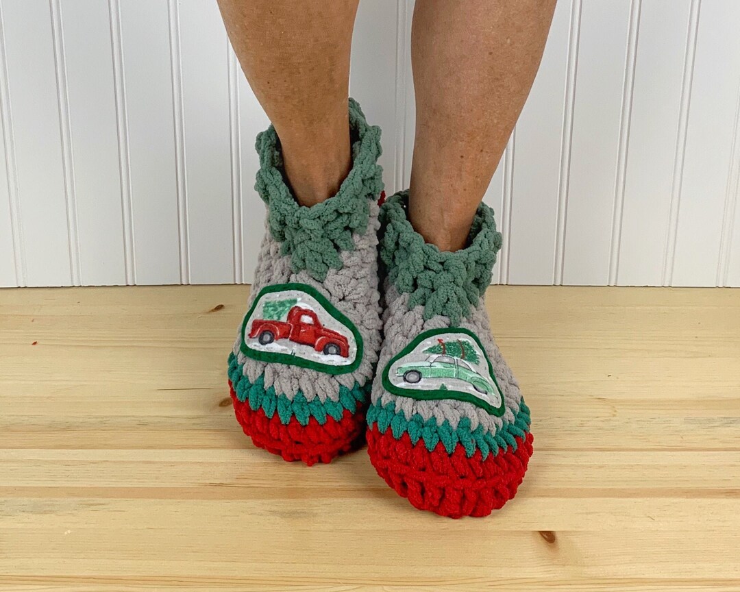 Vintage Red Truck & Tree Slippers - Cozy Chenille Slipper Socks - Hygge ...