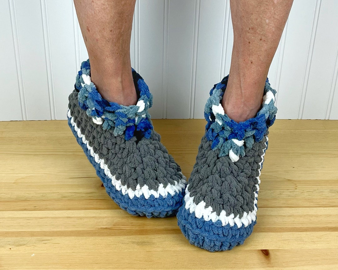 BLUE & GRAY Fuzzy Slippers - Cozy Chenille Slipper Socks - Hygge House ...