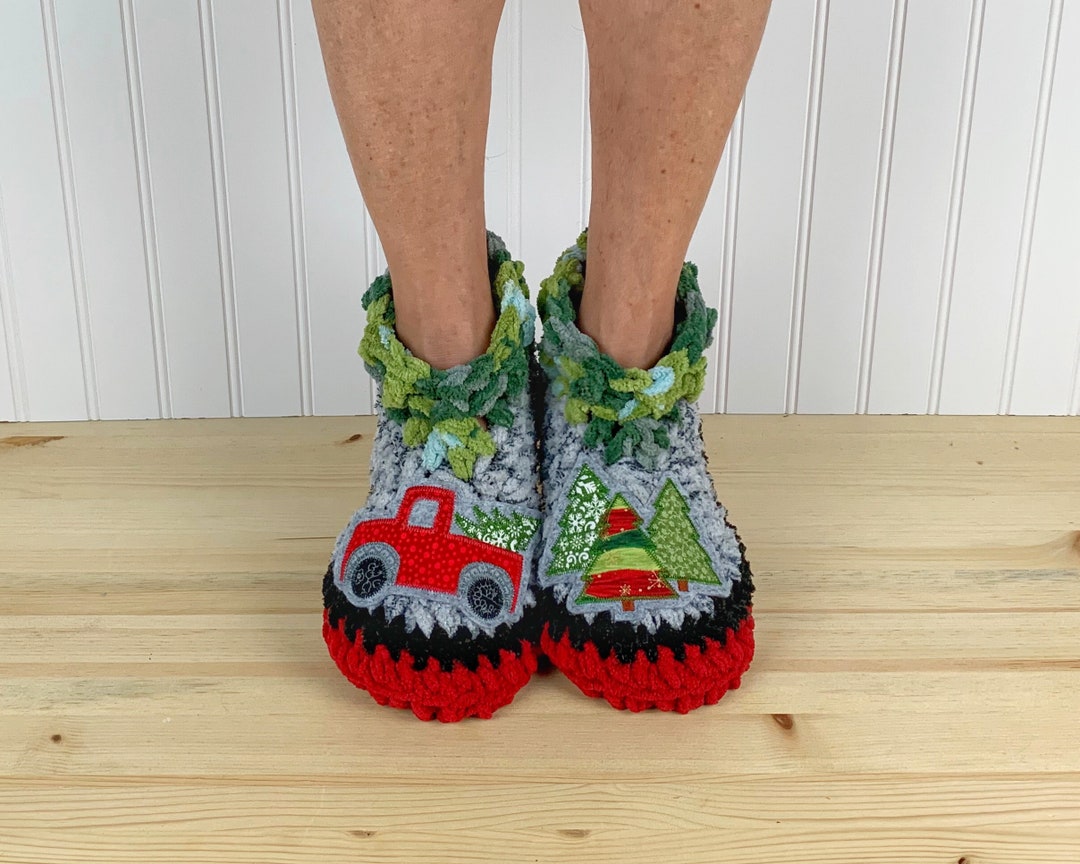 RED TRUCK & Tree Slippers - Christmas Booties - Vintage Holiday Red ...