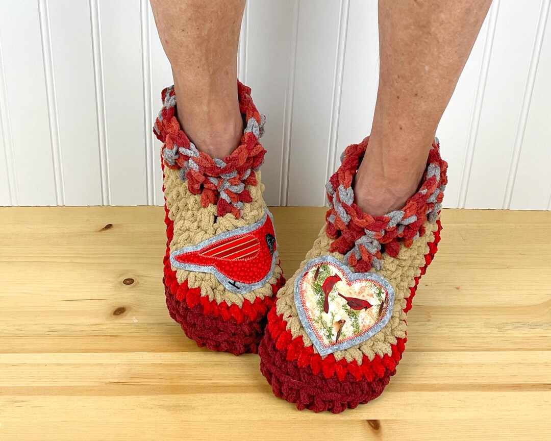 Fuzzy RED CARDINAL Slippers - Bird Lover Gift - Comfy Cozy Chenille ...