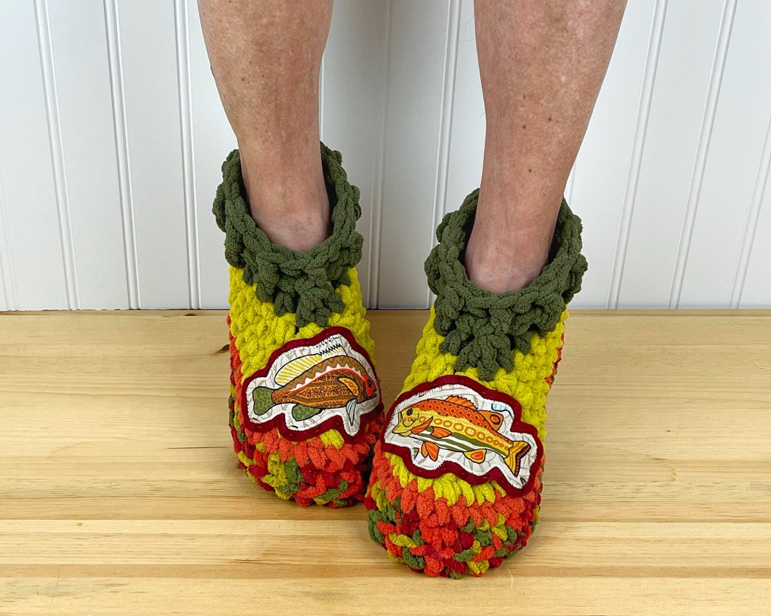 Cozy GOLD & GREEN Fish Slippers - Comfy Chenille Slipper Socks - Fun ...
