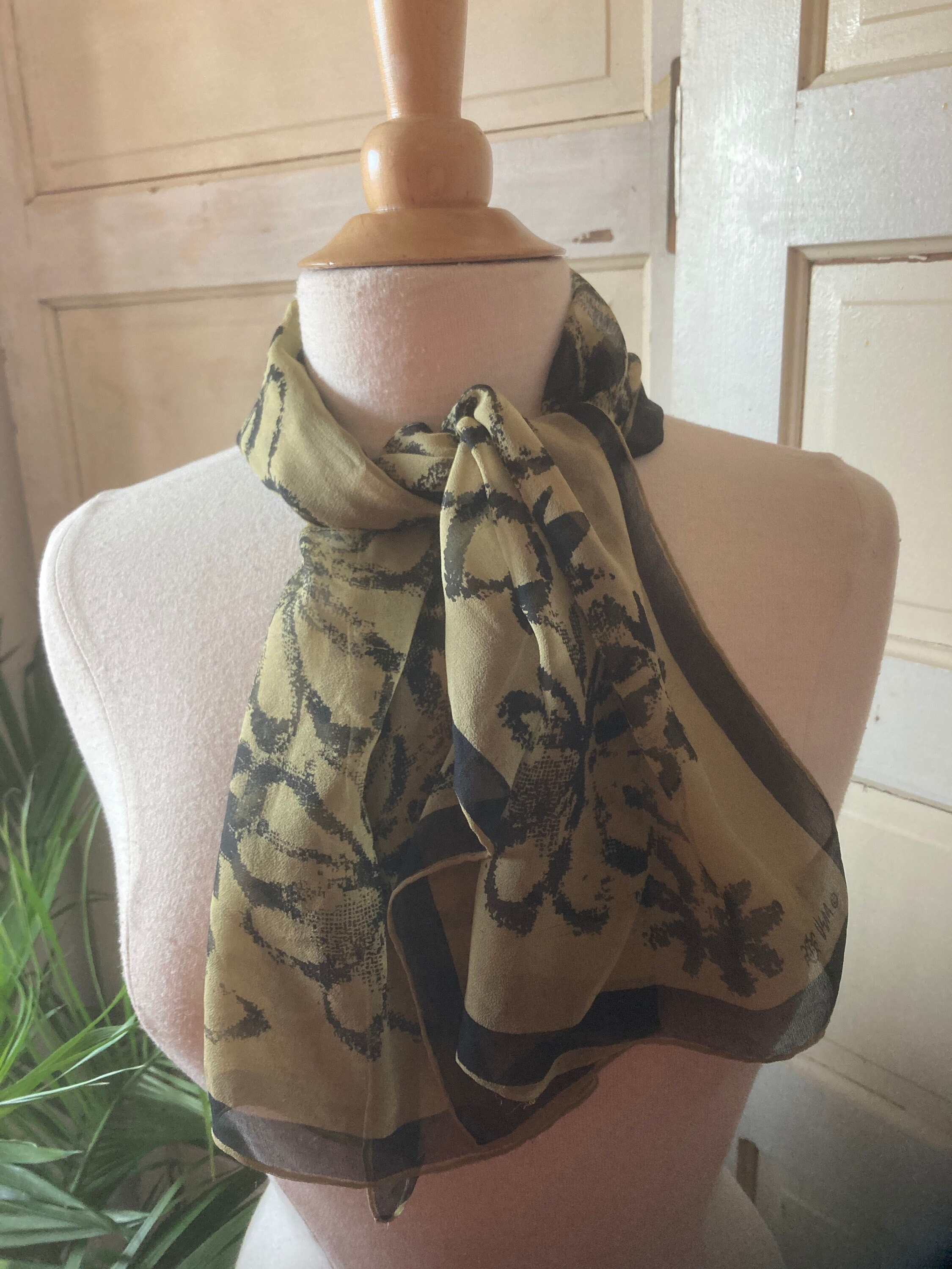 60s Vintage/ Vera/ Chiffon Silk/ Scarf/ Abstract Floral Motif/ Black ...