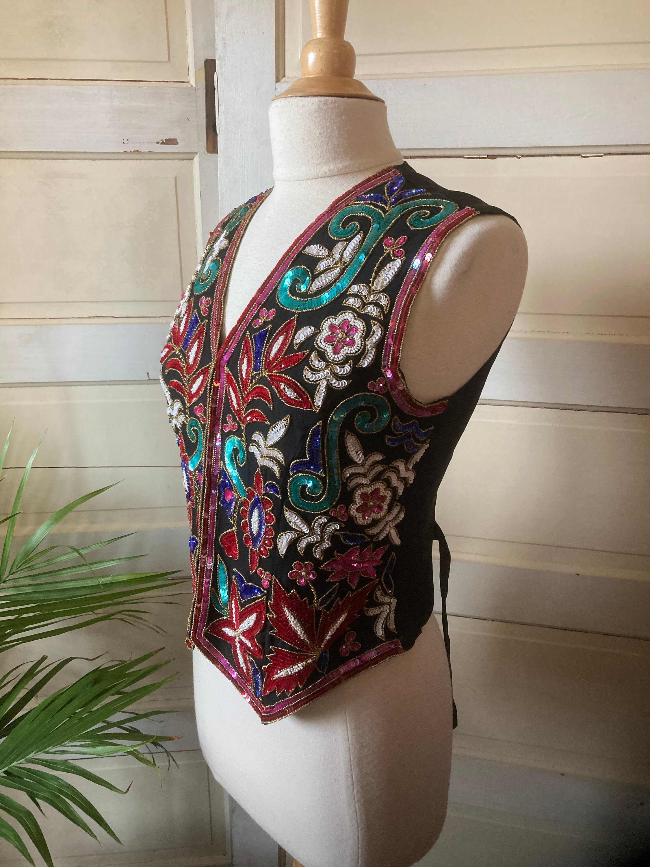 80s Vintage/ Niteline by Della Roufogali/ Bead and Sequin/ Silk Vest ...