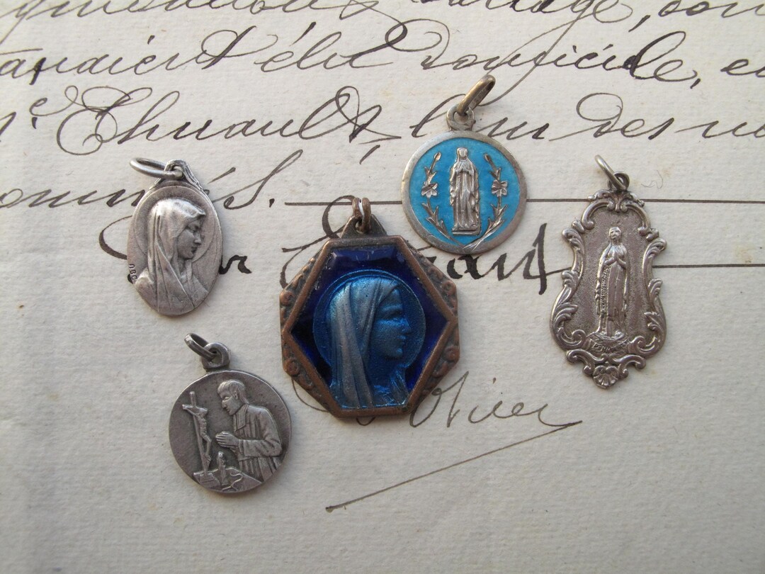 Collection of Five French Antique of Catholic Religious Saints Pendants ...