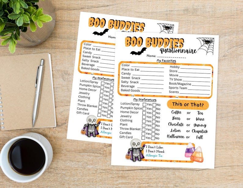 Printable Halloween Boo Buddy Gift Exchange Questionnaire for Spooky ...