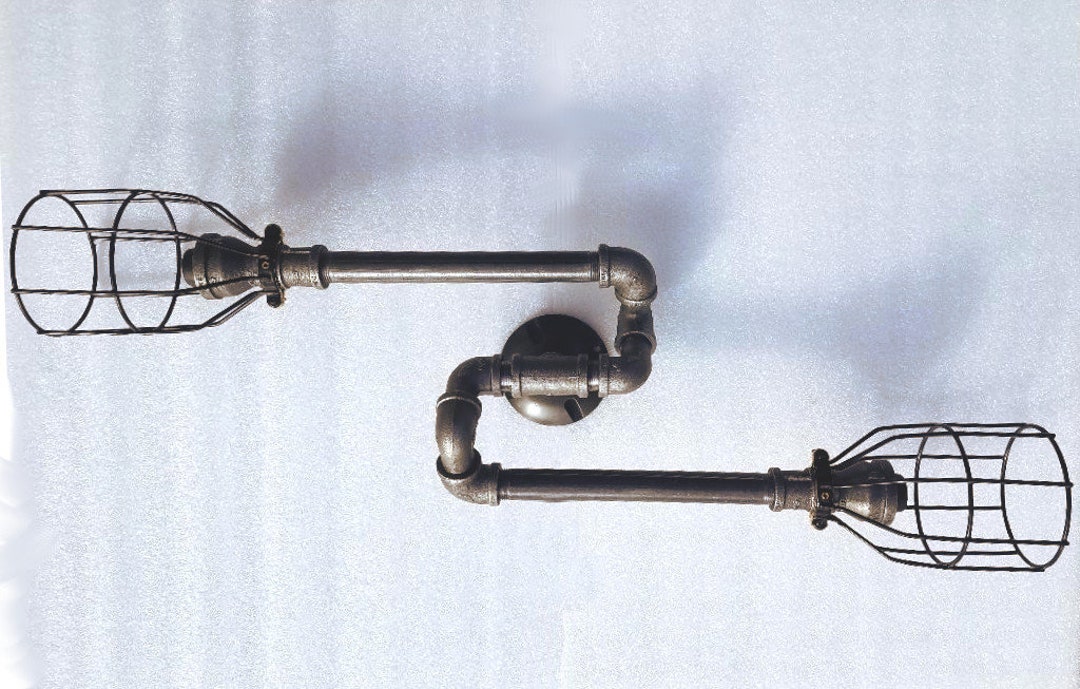 Wall Sconce Industrial Pipe Lighting W/ Cages, Black Galvanized ...
