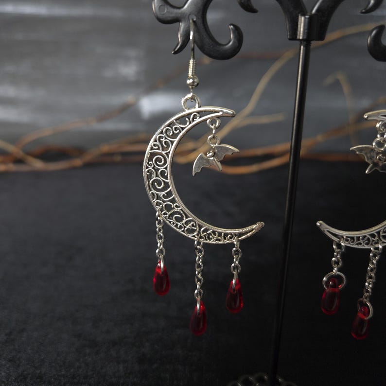 Crescent Moon Bat Earrings: Gothic Red Czech Glass Dangle Jewelry - Etsy