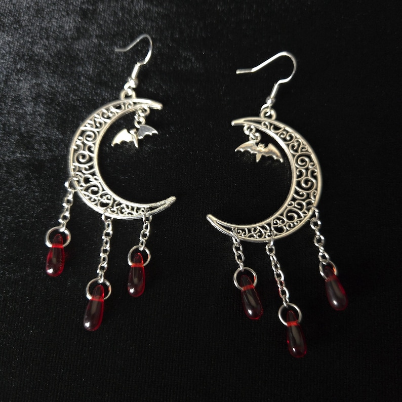 Crescent Moon Bat Earrings: Gothic Red Czech Glass Dangle Jewelry - Etsy