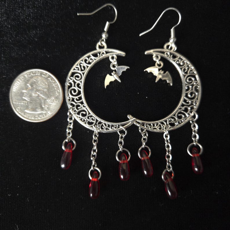 Crescent Moon Bat Earrings: Gothic Red Czech Glass Dangle Jewelry - Etsy