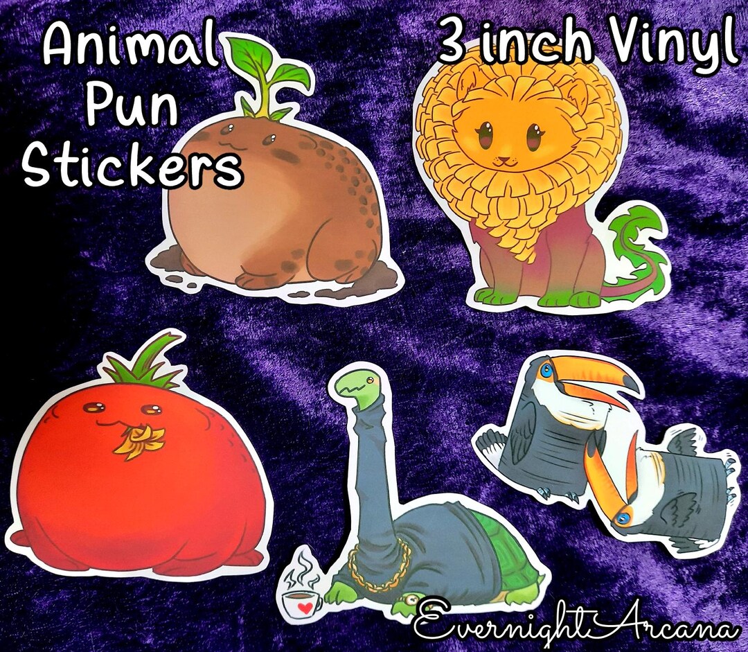 Animal Pun Stickers | Lion Toad Turtle Toucan | Potato Tomato Flower ...
