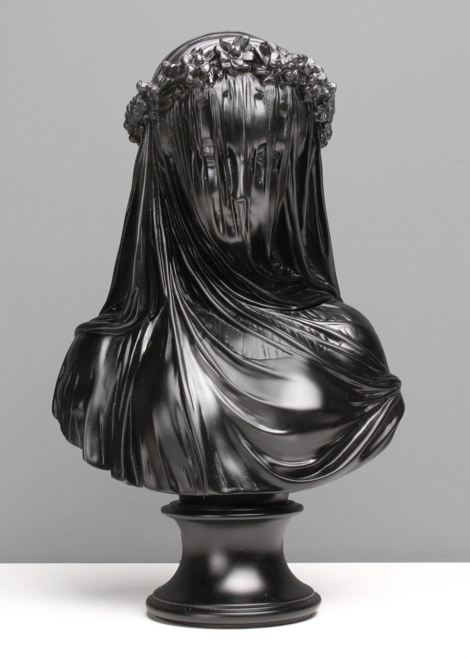 Veiled Lady Bust Sculpture in Black - Female Antique Art Statue in ...