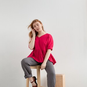 RED LINEN TOP With Ruffled Peplum, Half Sleeve Linen Cotton Top, Plus ...