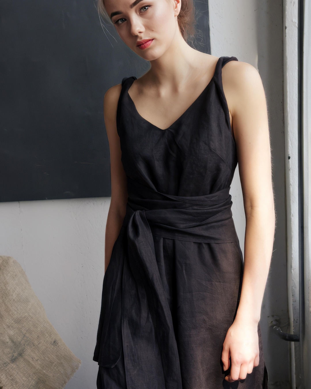 Black Linen Dress, Elegant V-neck Dress, Summer Wedding Guest Outfit ...