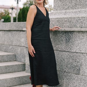 Black Linen Sundress: Spaghetti Strap Midi Dress With Pockets - Etsy