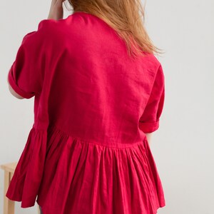 RED LINEN TOP With Ruffled Peplum, Half Sleeve Linen Cotton Top, Plus ...