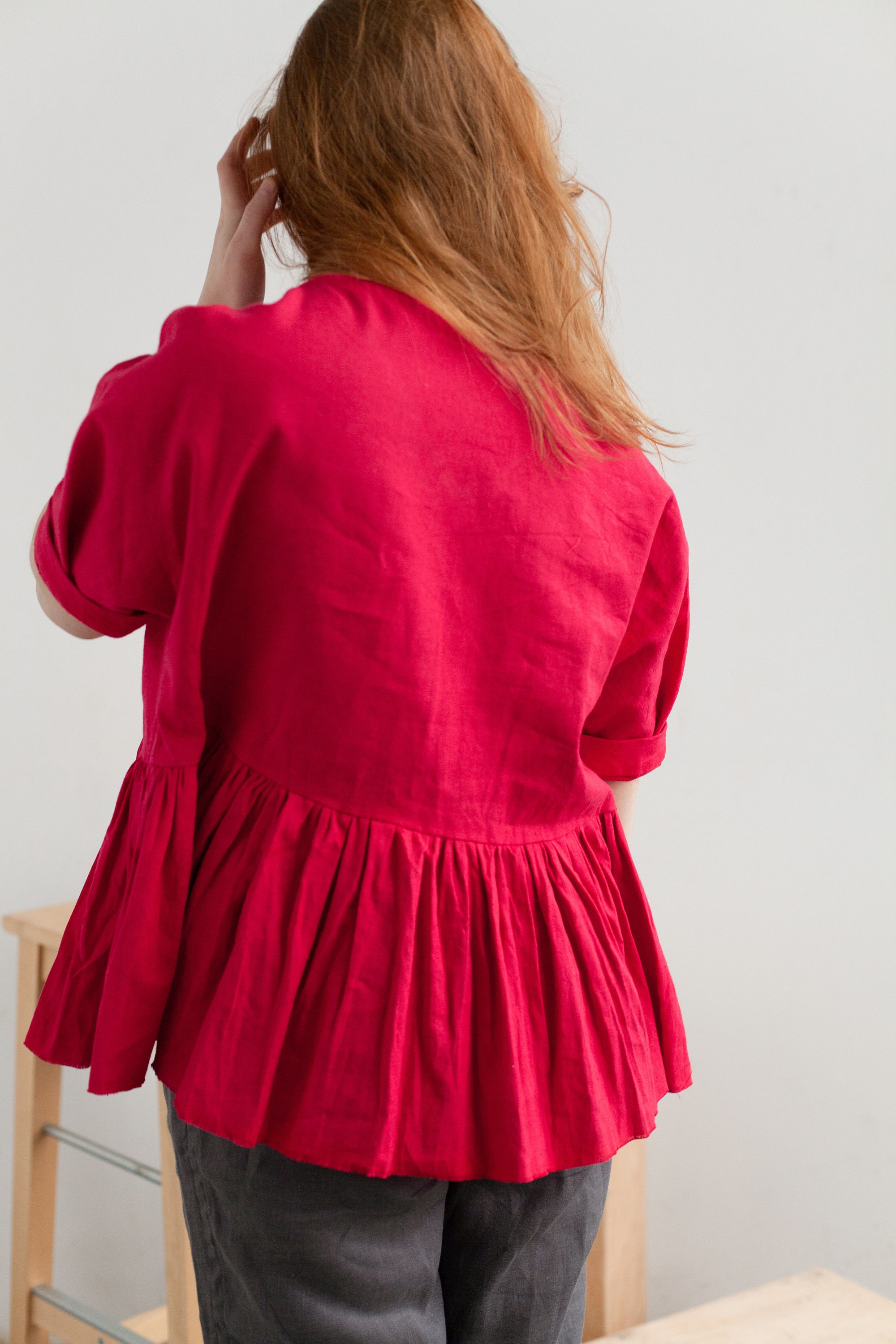 RED LINEN TOP with Ruffled peplum Half Sleeve Linen Cotton | Etsy